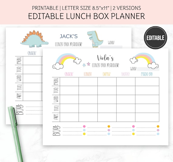 Printable Lunch Box Template Meal Planner Menu Planning - Etsy