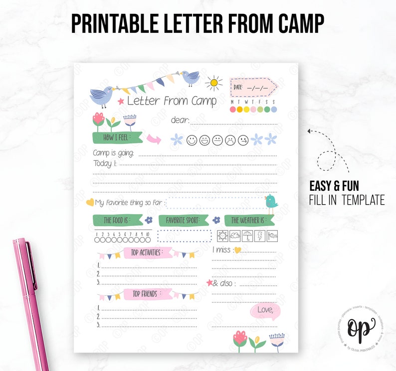 PRINTABLE Letter From Camp Template, Cute Summer Camp Stationery, Kid’s ...