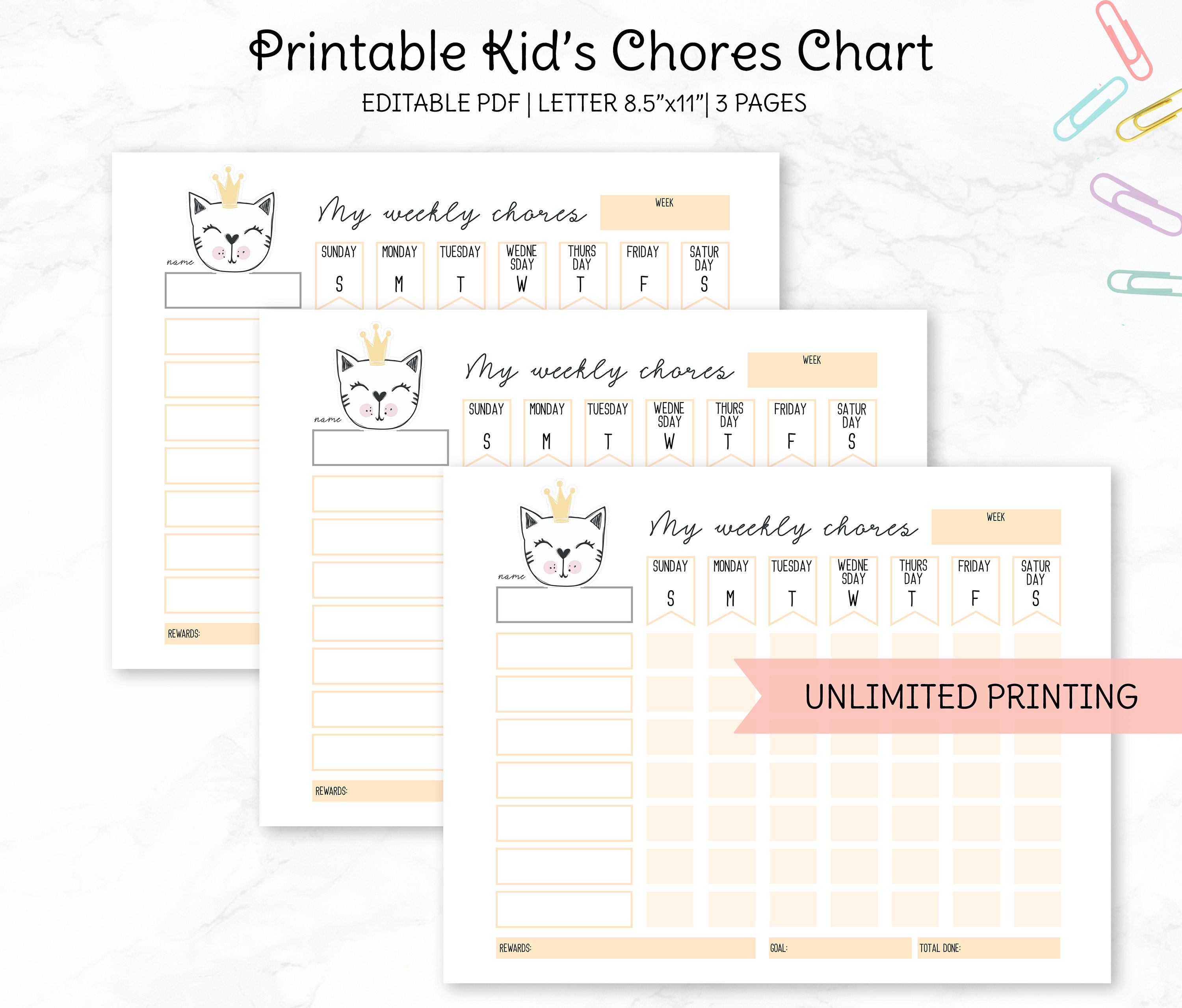 Printable Chores Chart for Kids, Weekly to Do List, Cute Kitten Planner ...