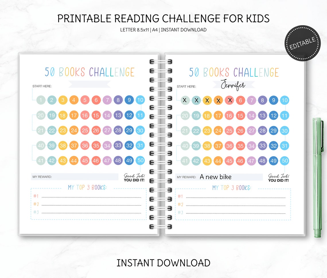 PRINTABLE Reading Challenge Chart, 50 Books Reading Tracker, Kids ...