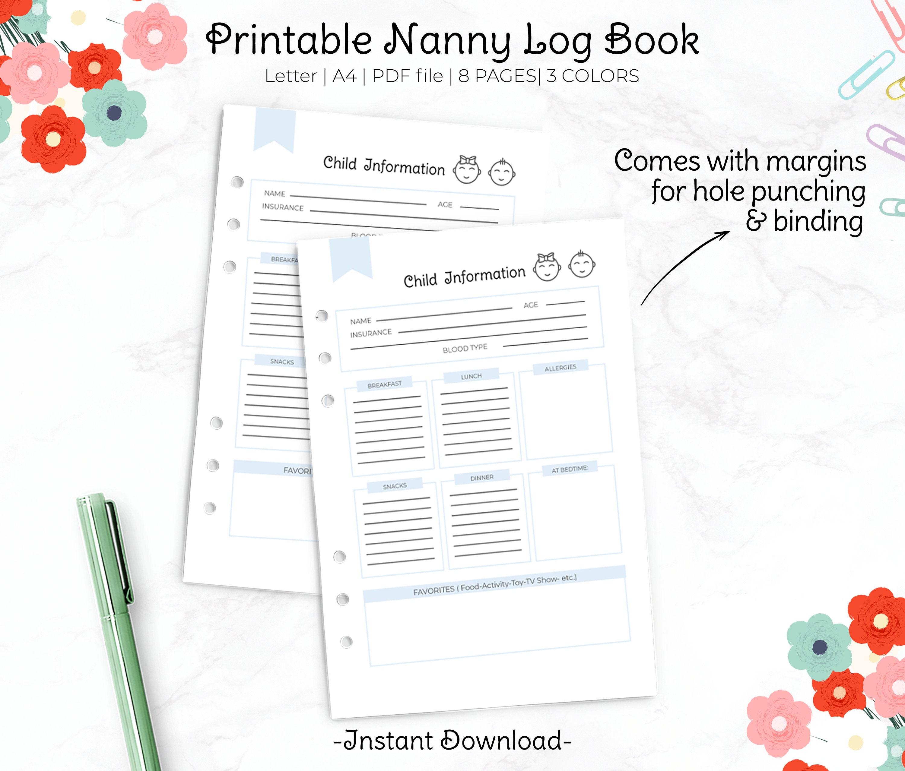 Baby Tracker Printable, Child Log Book, Nanny Binder, Baby Sitter ...