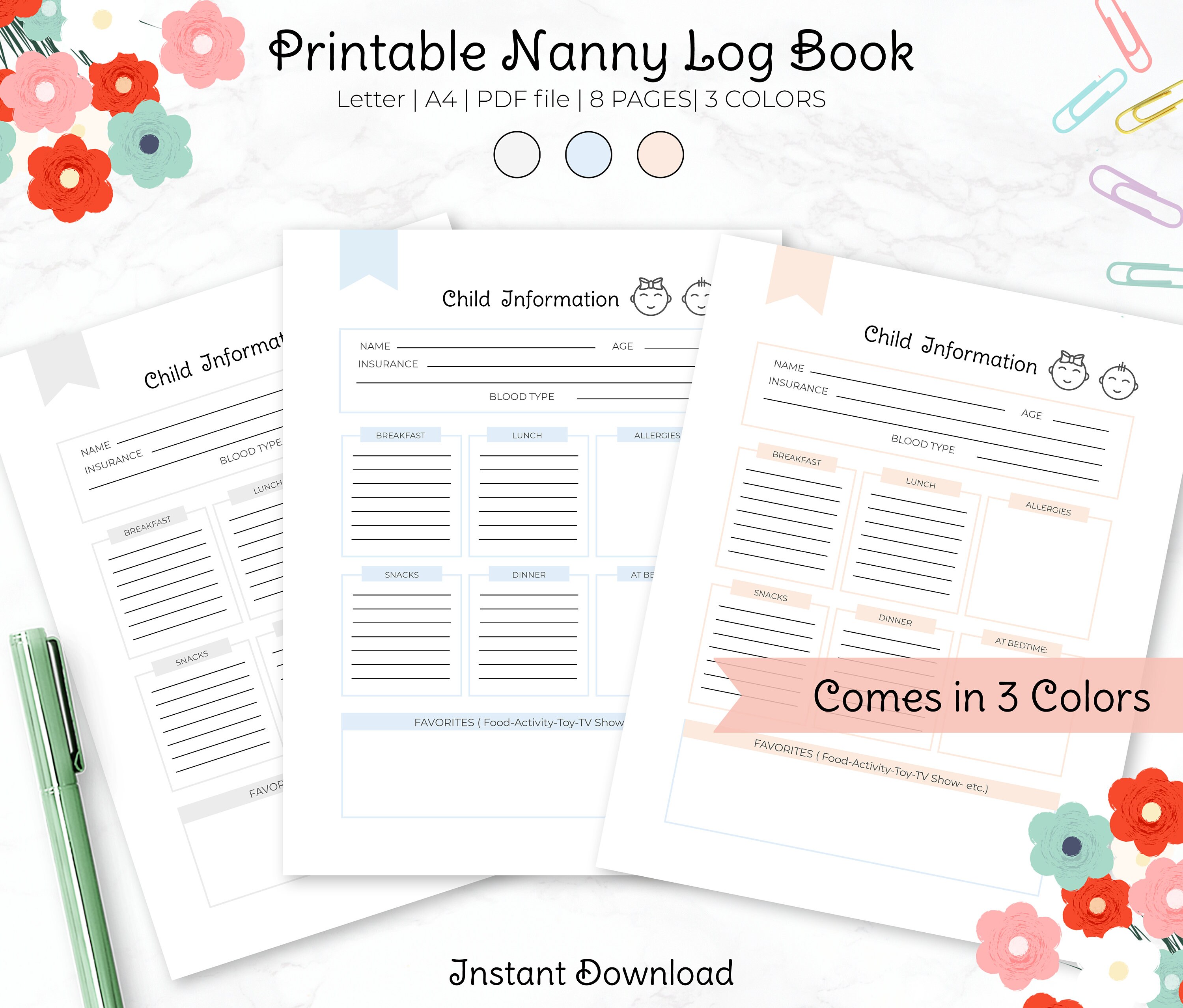 Baby Tracker Printable, Child Log Book, Nanny Binder, Baby Sitter ...