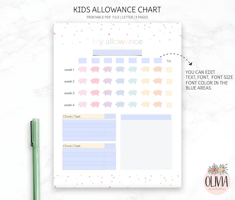 Kids Allowance Chart, Printable Template, Editable Allowance Tracker ...