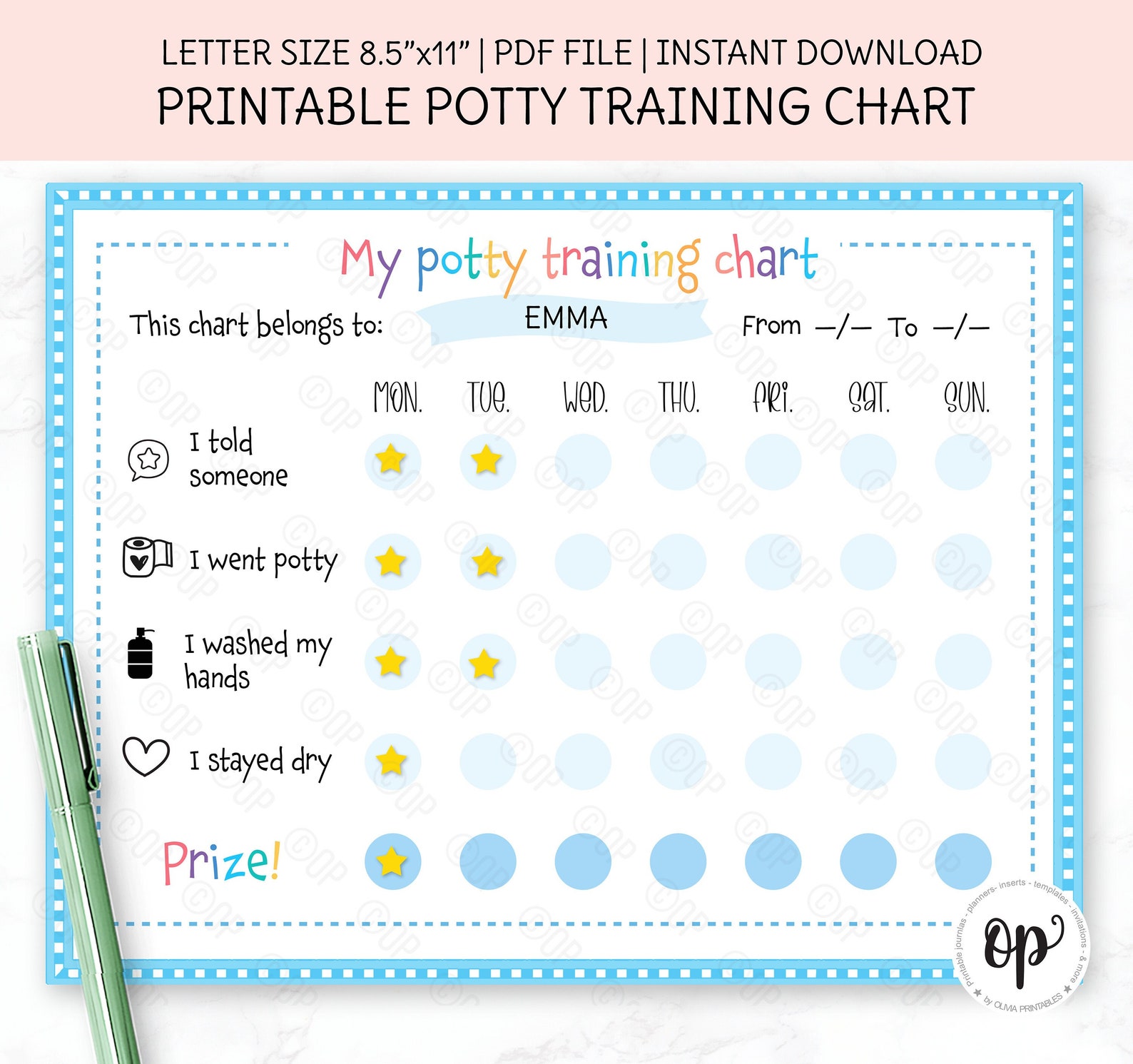 PRINTABLE Potty Training Chart, Toddler Printable, Weekly Potty Reward ...