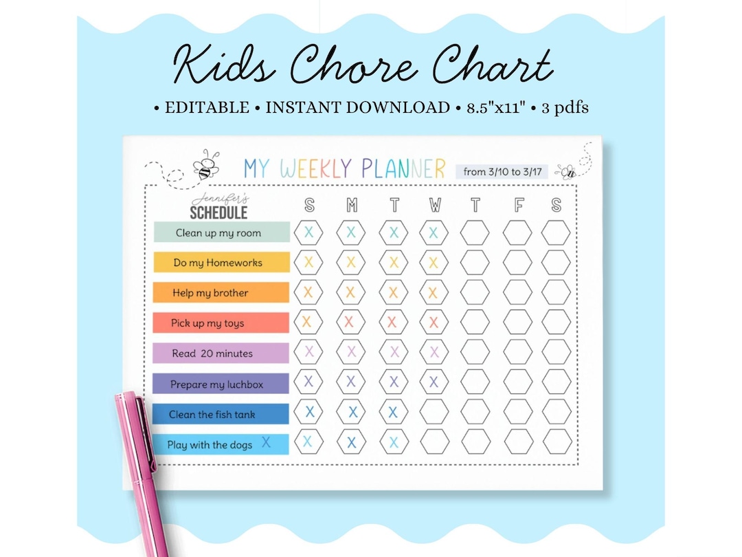 Printable Weekly Chore Chart for Kids, Editable Weekly Planner, Family ...