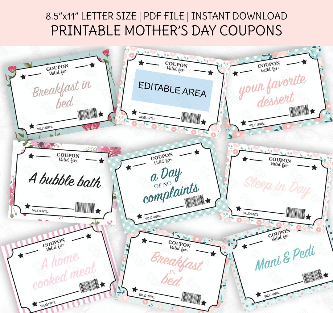 PRINTABLE Mother's Day Coupons, Gift Idea for Women, Editable Message ...