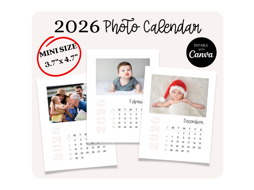 2026 Mini Photo Calendar, Editable Canva Template, Small Desk Calendar ...