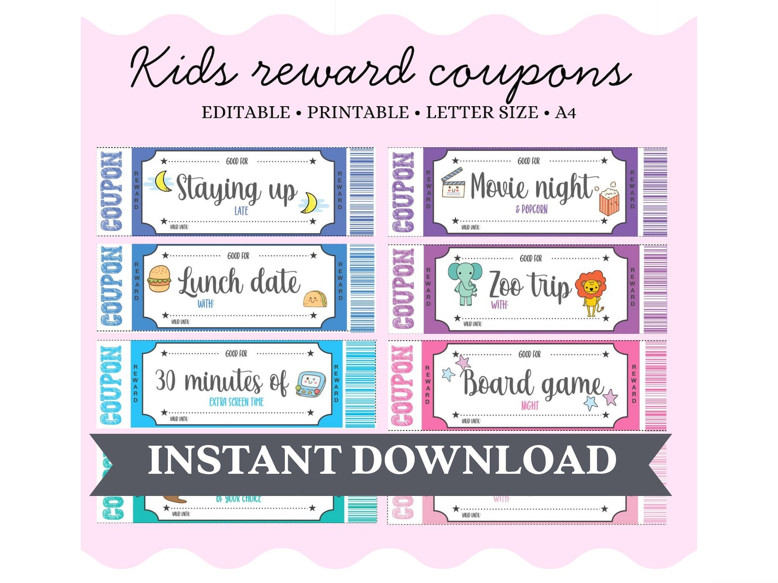 Editable Reward Coupons for Kids – Printable Reward Tickets, Pre-filled ...