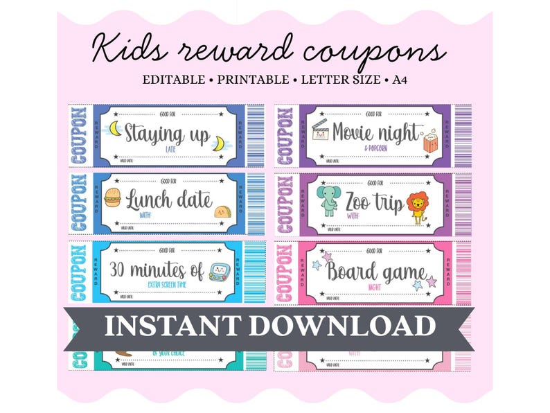 Editable Reward Coupons for Kids – Printable Reward Tickets, Pre-filled ...
