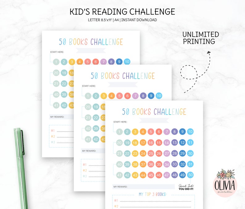PRINTABLE Reading Challenge Chart, 50 Books Reading Tracker, Kids ...