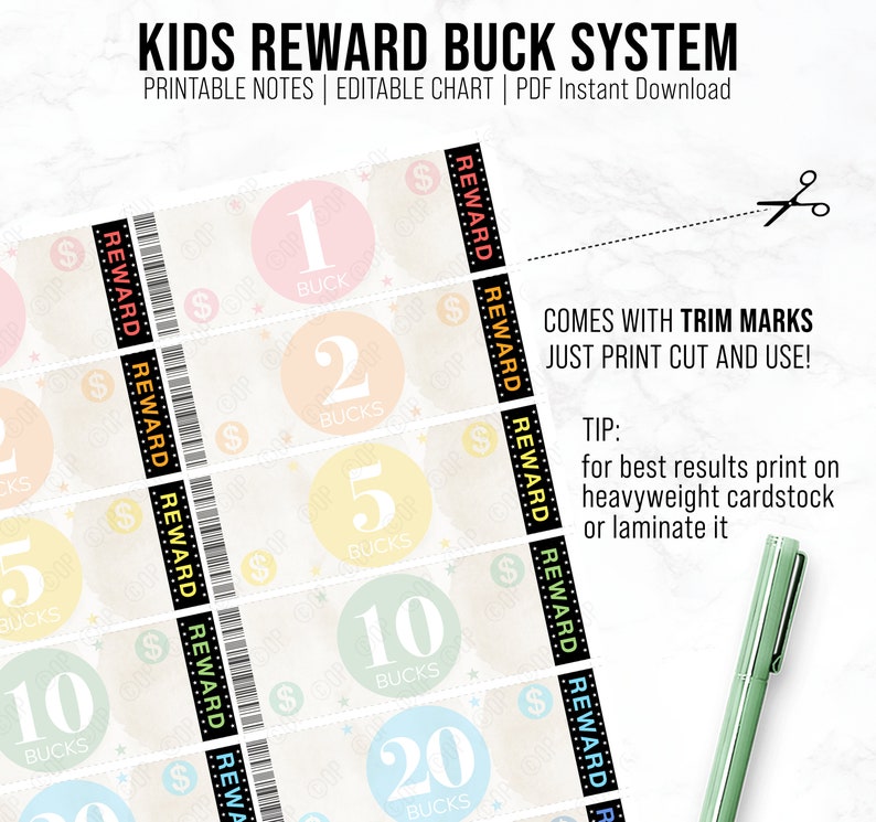 PRINTABLE Kids Reward Bucks System, Editable Reward Chart, Reward ...