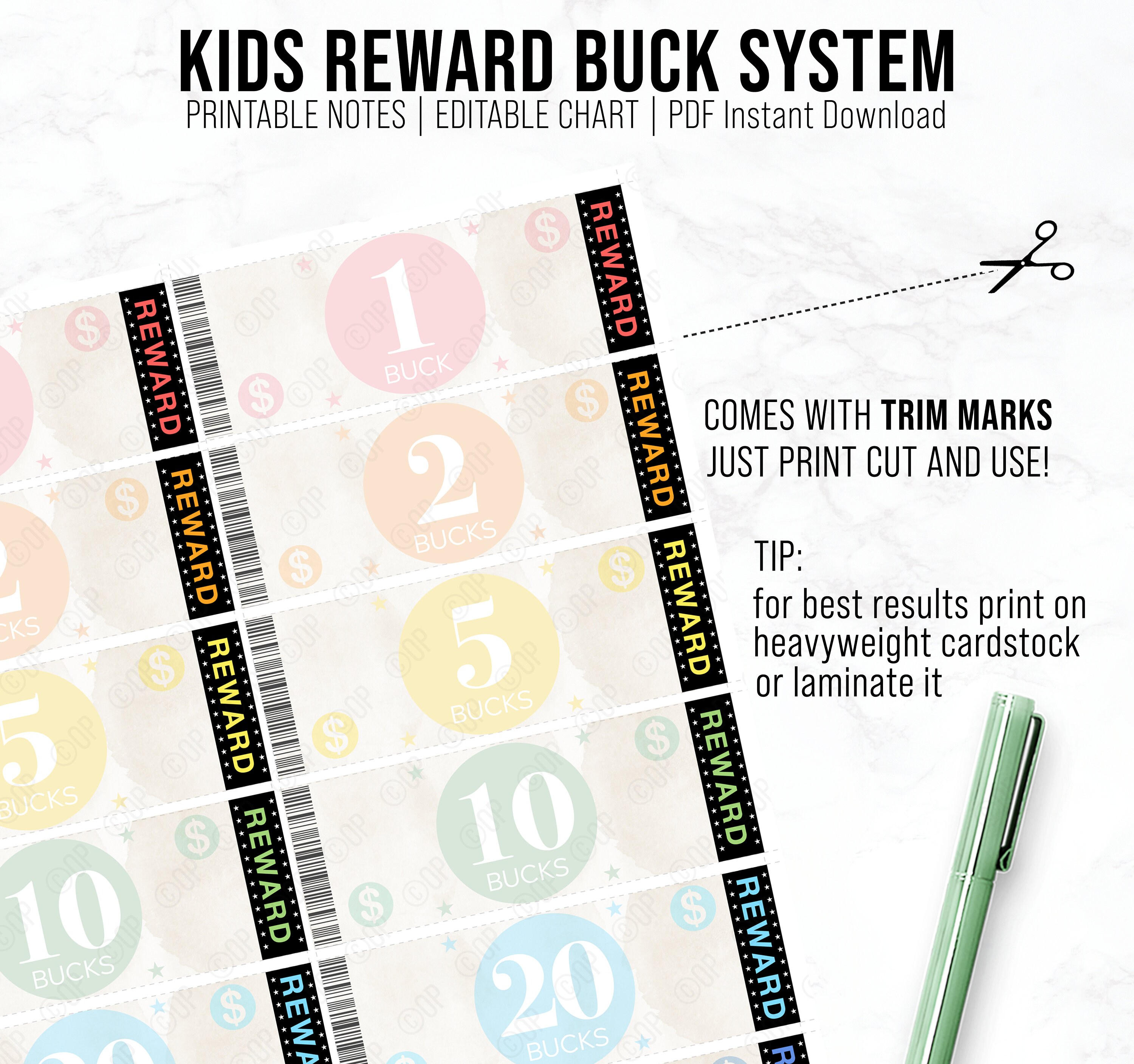 PRINTABLE Kids Reward Bucks System, Editable Reward Chart, Reward ...