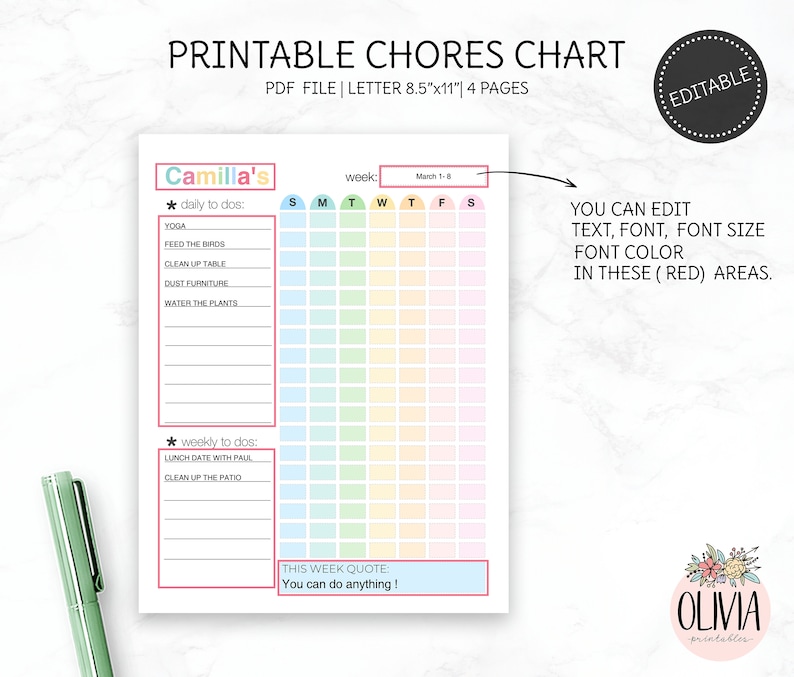 Editable Chore Chart, Family Chores Chart, Kids to Do List, Printable ...