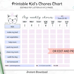 Printable Chores Chart for Kids, Weekly to Do List, Cute Kitten Planner ...