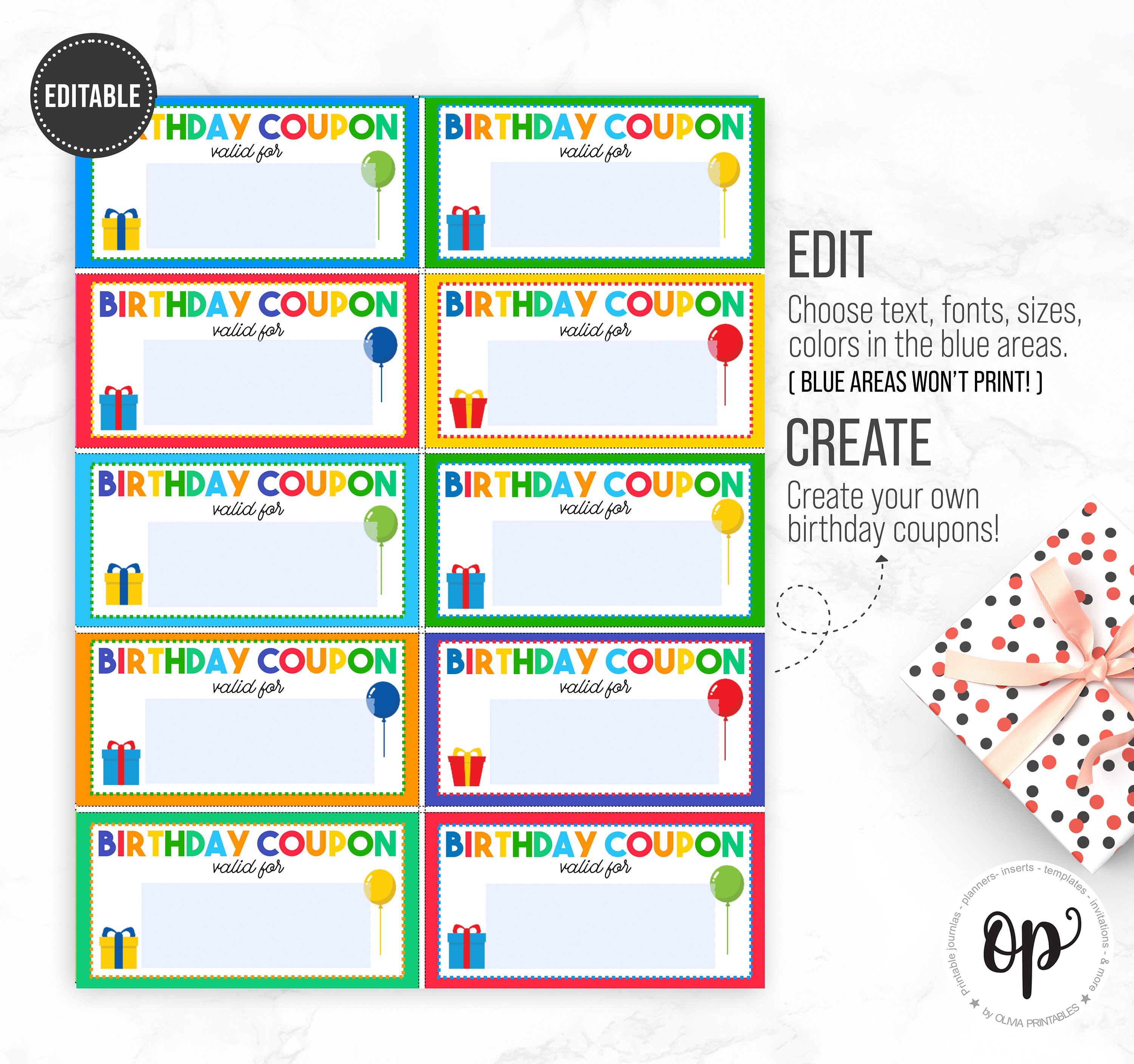PRINTABLE Birthday Coupons, Editable Gift Coupons, Birthday Gift Idea ...