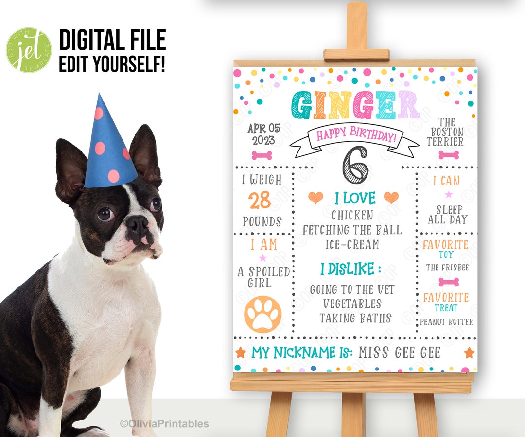 EDITABLE Dog Birthday Sign, Pet Birthday Party, Birthday Stats for ...