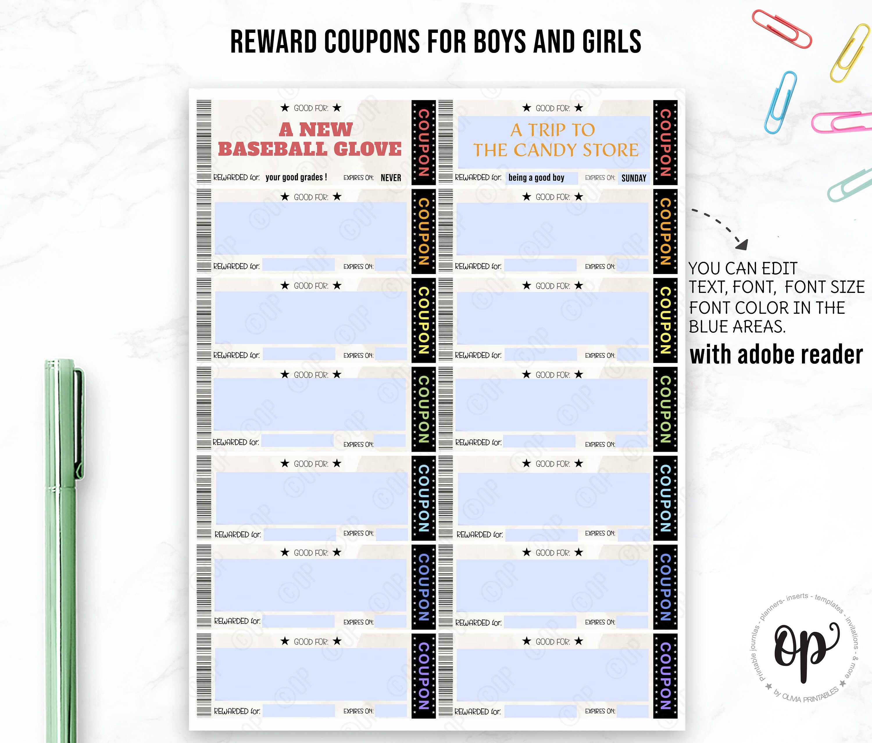 PRINTABLE Reward Coupons for Boys and Girls, Pre-filled Rewards, Blank ...