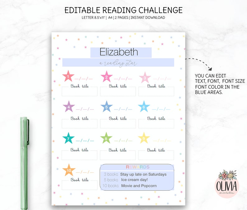 Printable Summer Reading Challenge, Editable Reading Tracker, 10 Books ...