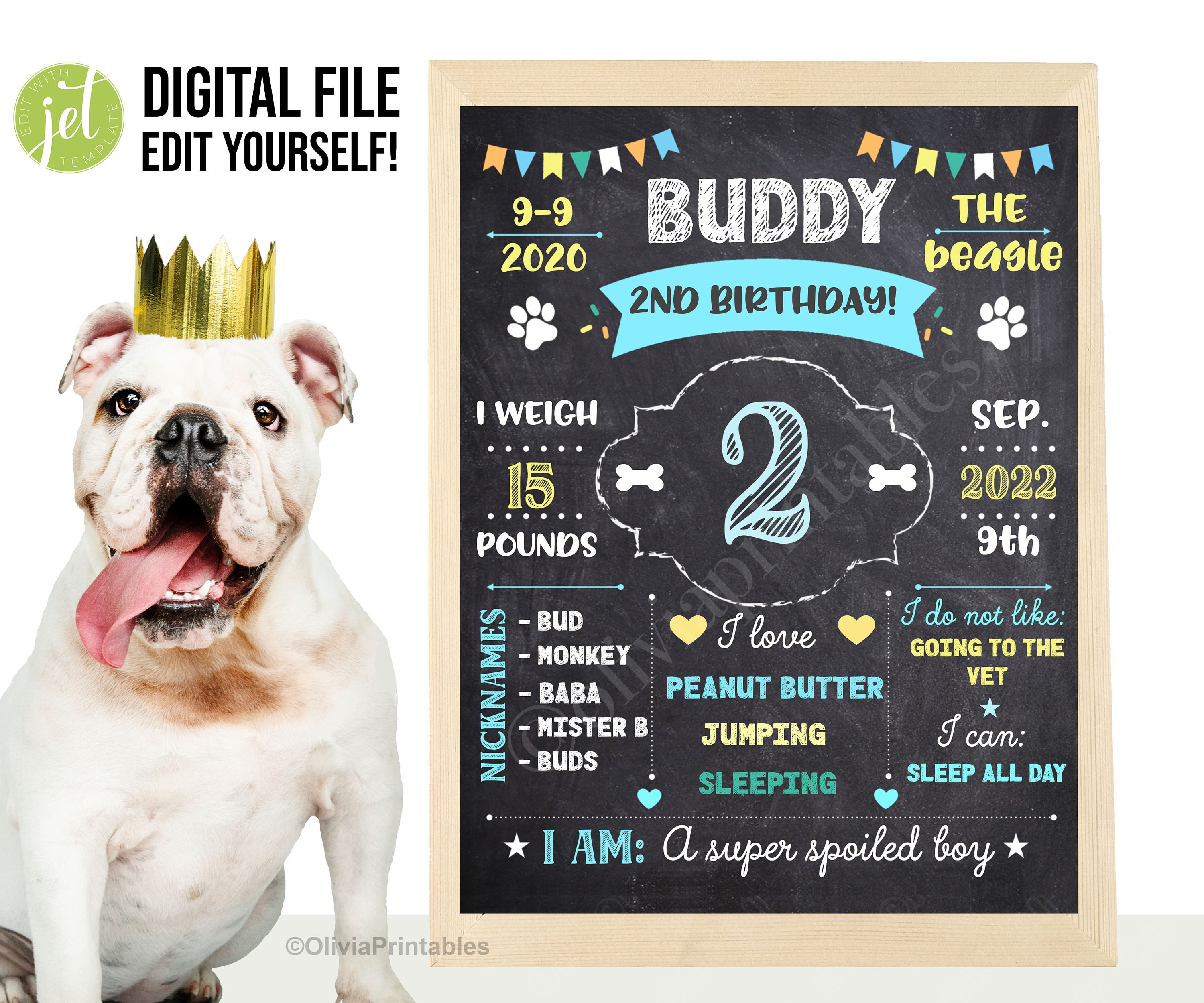 EDITABLE Dog Birthday Sign, Pet Chalkboard Poster, Birthday Milestone ...