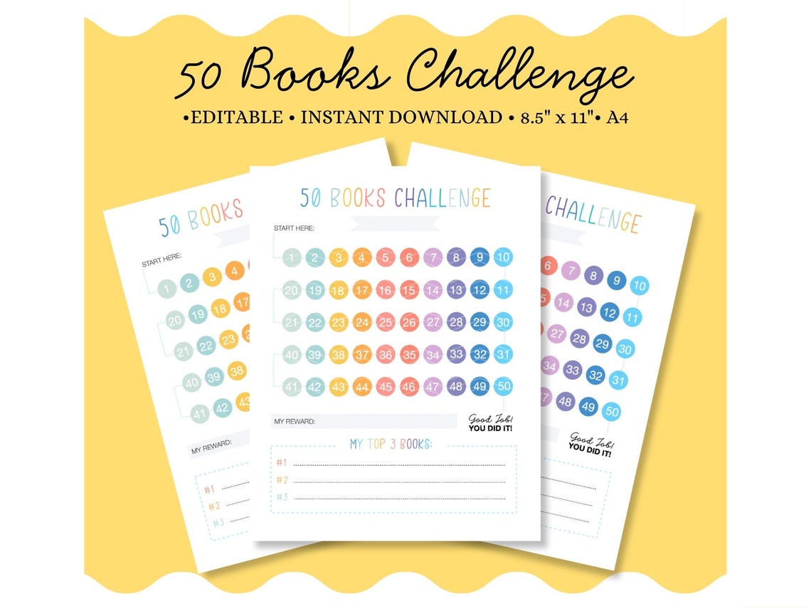 Printable Reading Challenge Chart, 50 Books Reading Tracker for Kids ...
