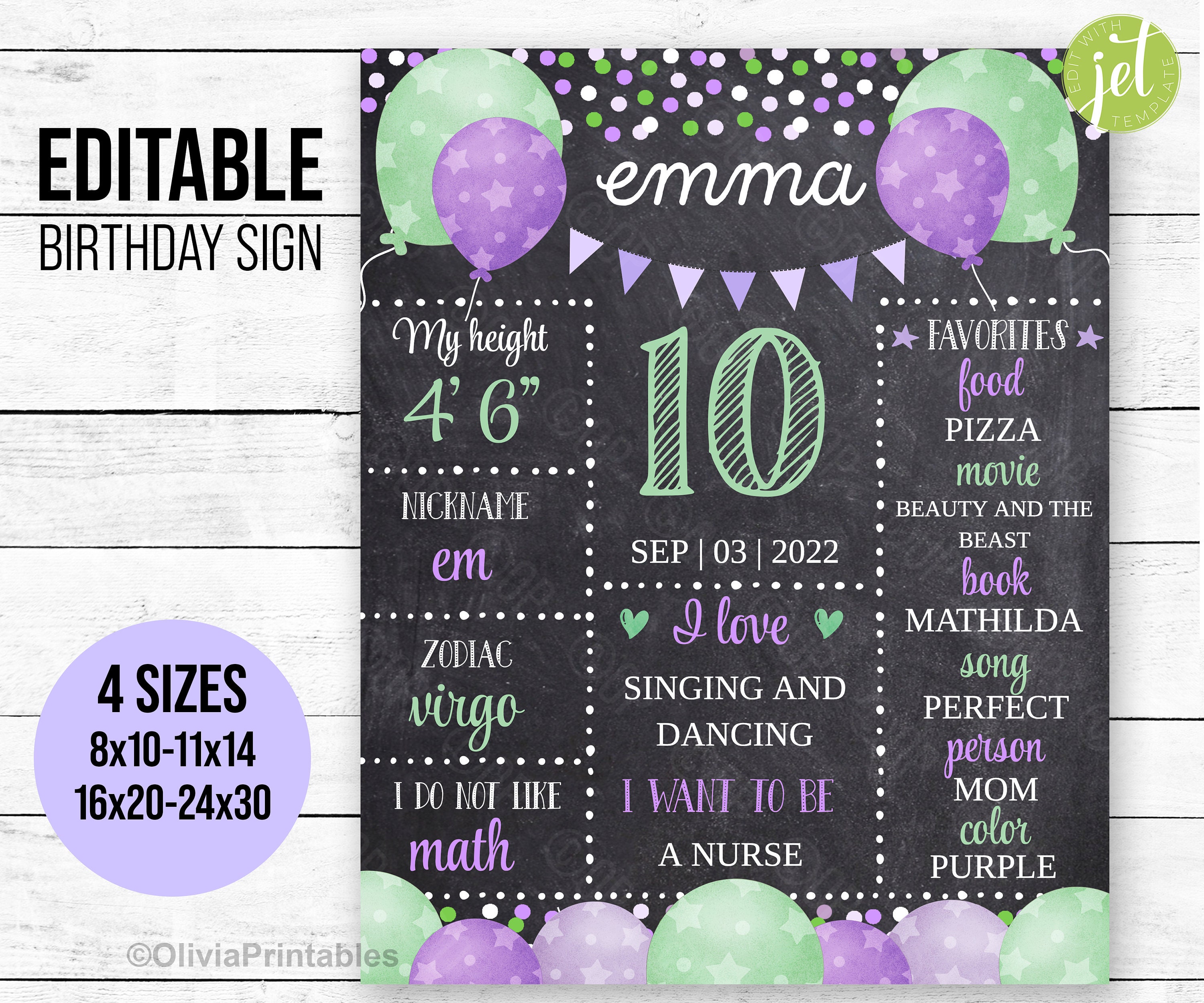 EDITABLE Birthday Sign, Printable Birthday Stats , Girl Birthday ...