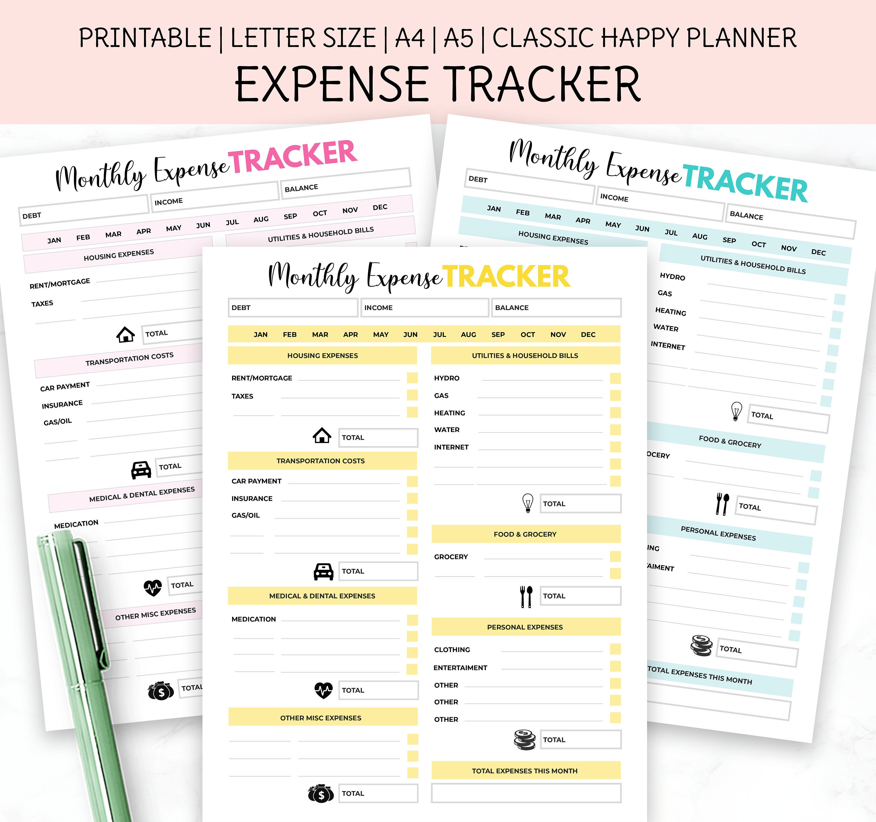 Printable Expense Tracker, Monthly Expenses Log, HP Insert, Digital ...