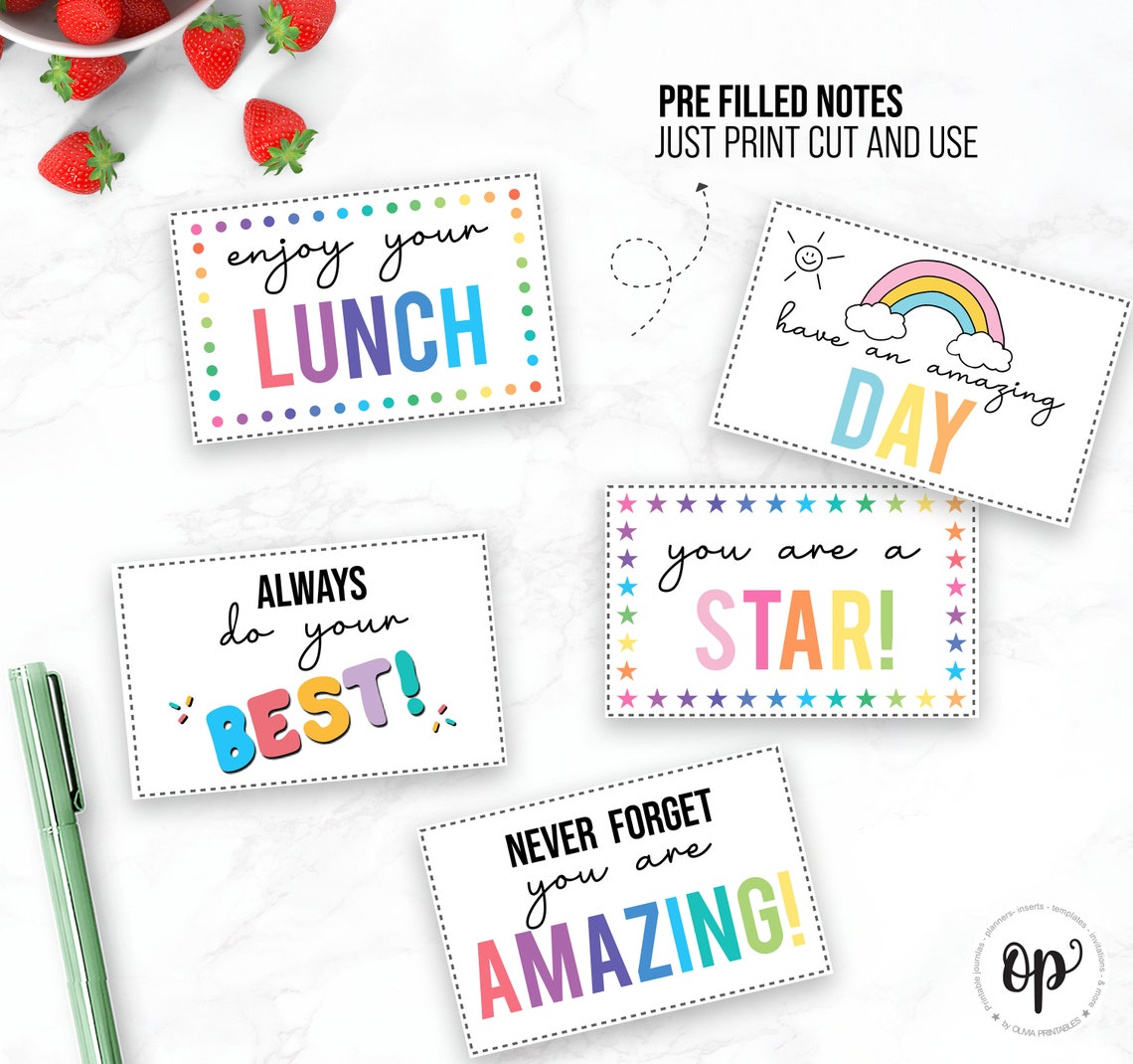 Printable Lunch Box Notes, Kid's Lunch Box Cards , Back to School ...