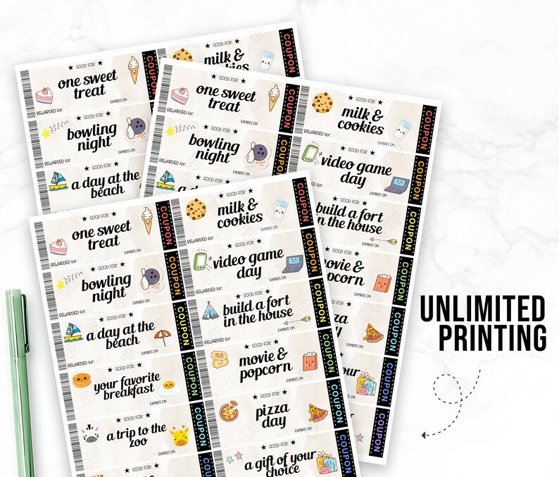 PRINTABLE Reward Coupons for Boys and Girls, Pre-filled Rewards, Blank ...