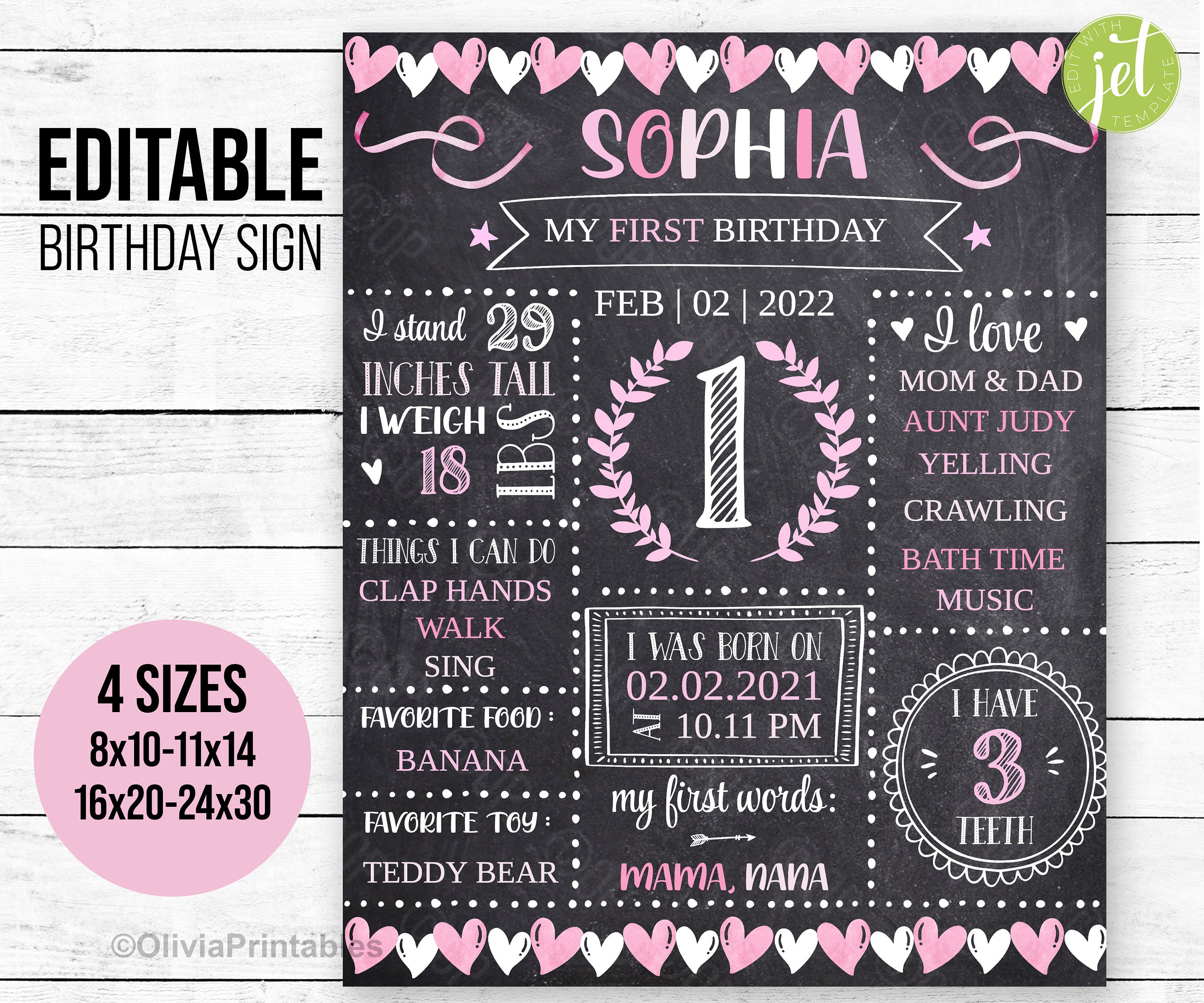 EDITABLE Birthday Sign, Baby Girl Birthday Decoration, First Birthday ...