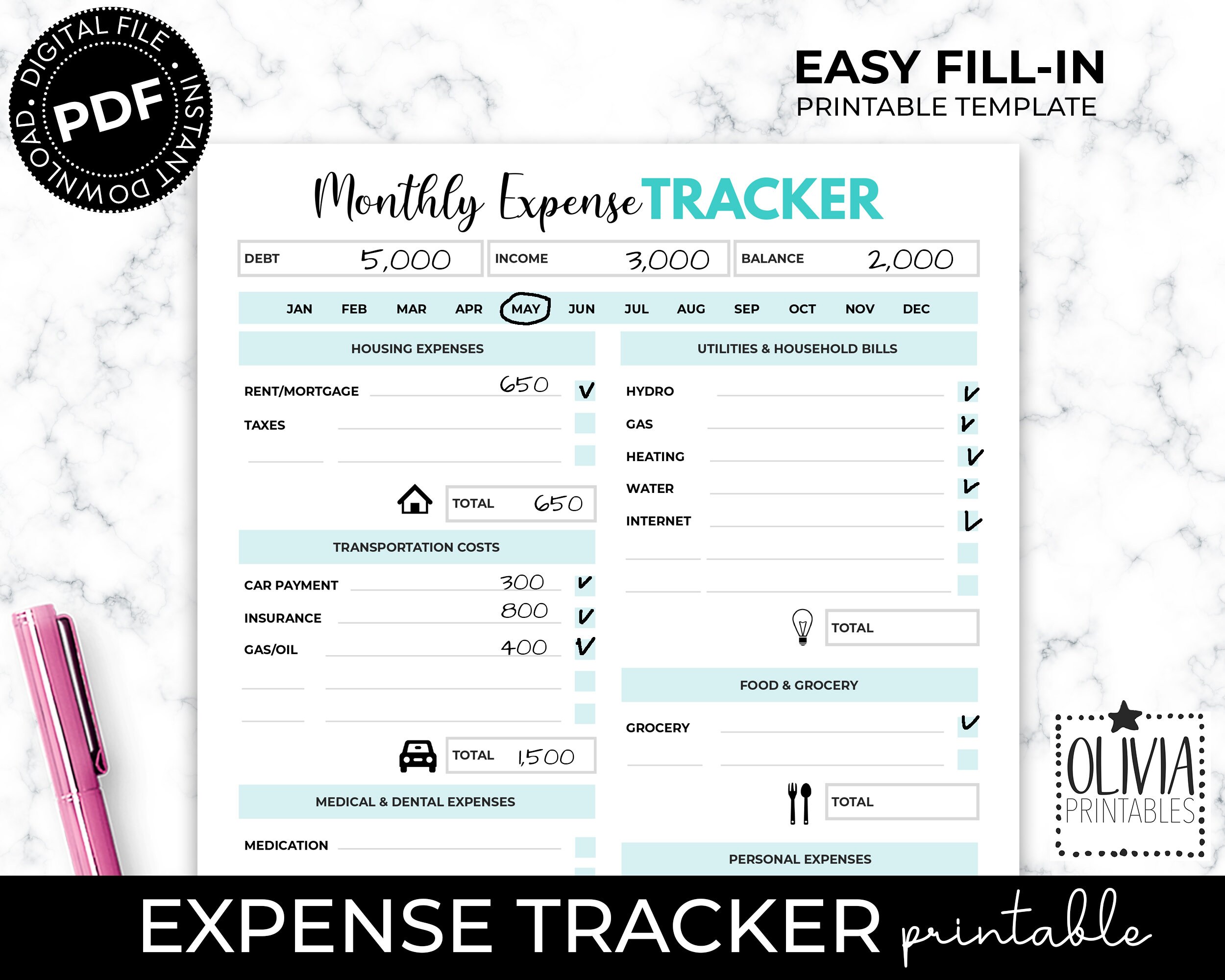 Printable Expense Tracker, Monthly Expenses Log, HP Insert, Digital ...