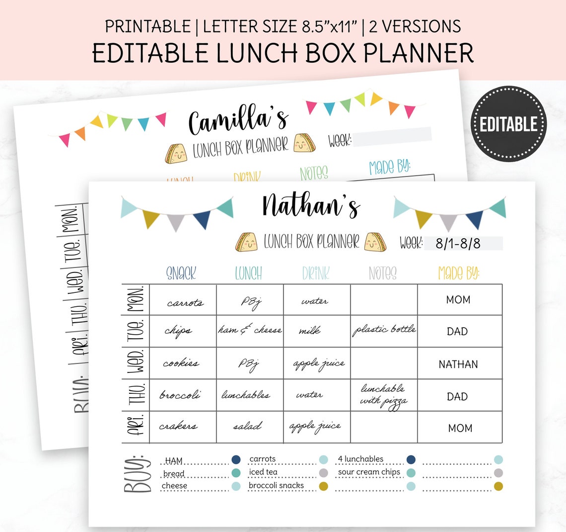 Lunch Box Planner Template Printable Lunch Box Meal Planner - Etsy