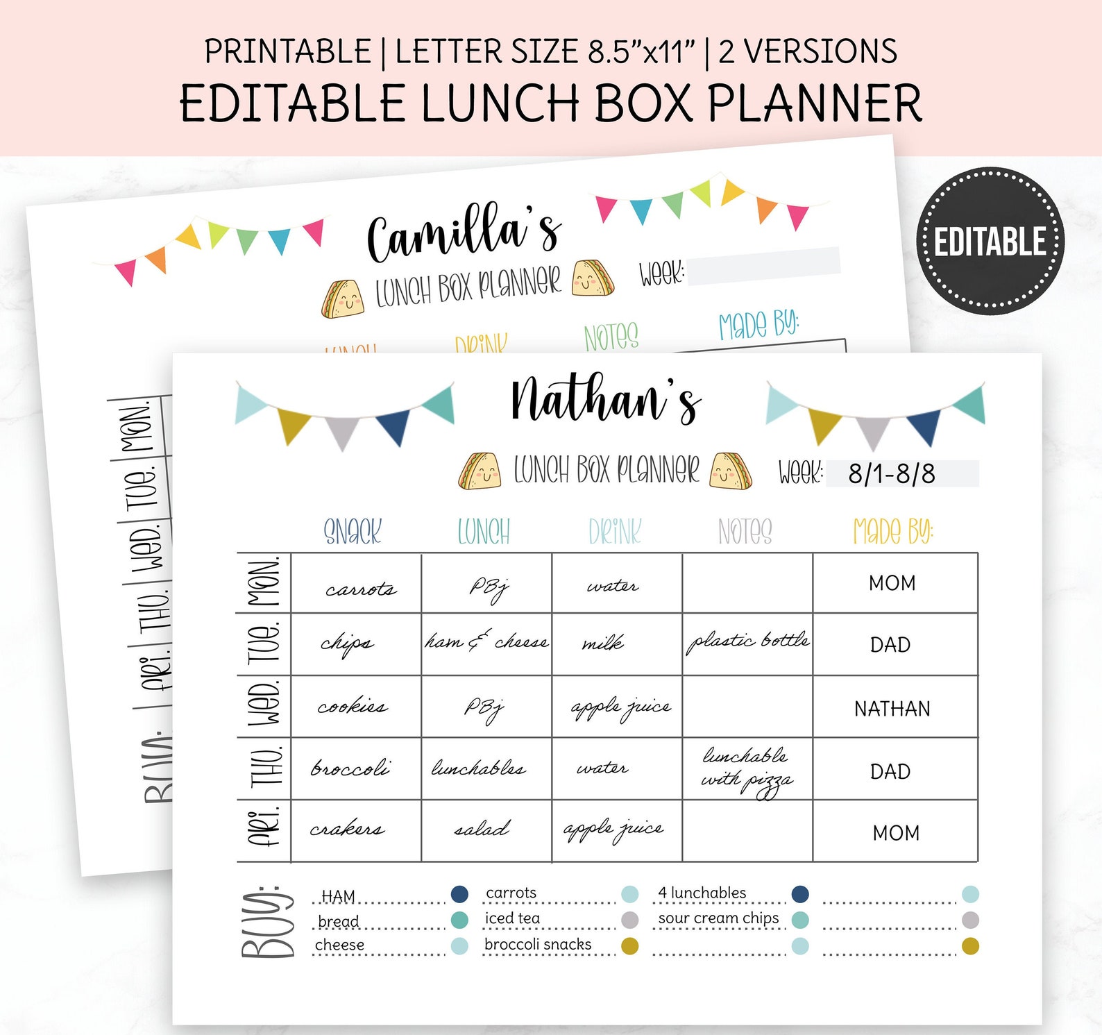 Lunch Box Planner Template, Printable Lunch Box, Meal Planner, Menu ...
