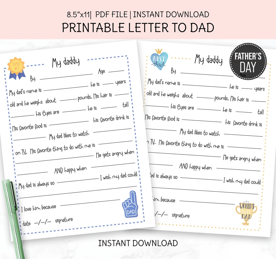 Printable Letter to Dad, Father’ S Day Gift Idea, All About My Dad ...