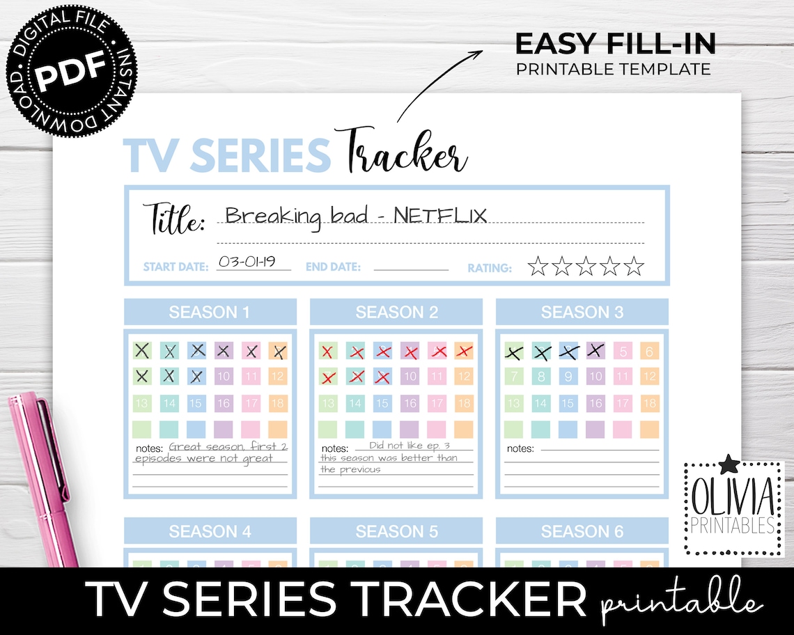 TV Show Tracker Printable, Planner Insert, Digital Insert for Goodnotes ...