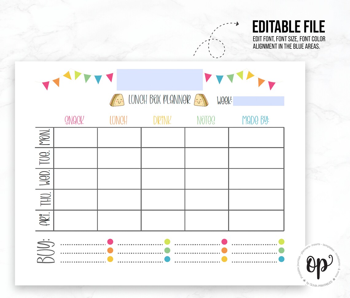 Lunch Box Planner Template Printable Lunch Box Meal Planner - Etsy