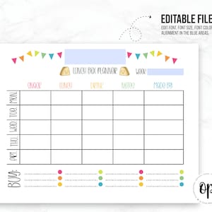 Lunch Box Planner Template, Printable Lunch Box, Meal Planner, Menu ...