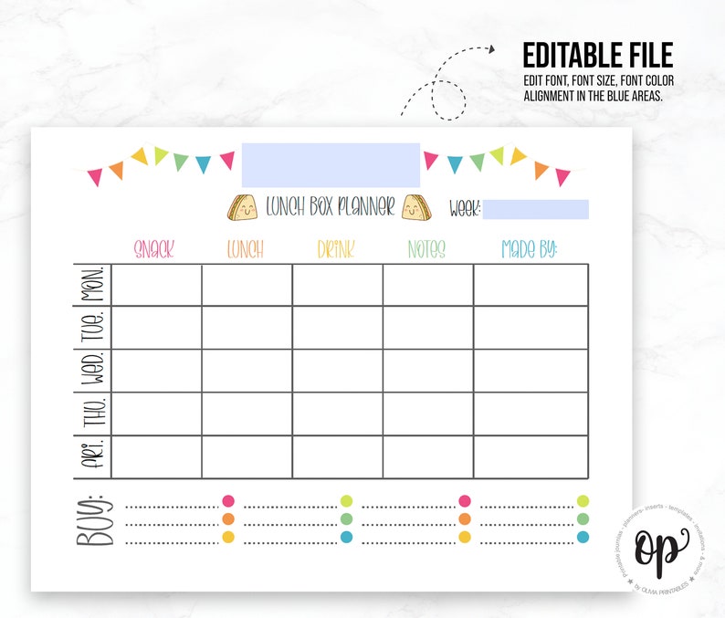 Lunch Box Planner Template, Printable Lunch Box, Meal Planner, Menu ...