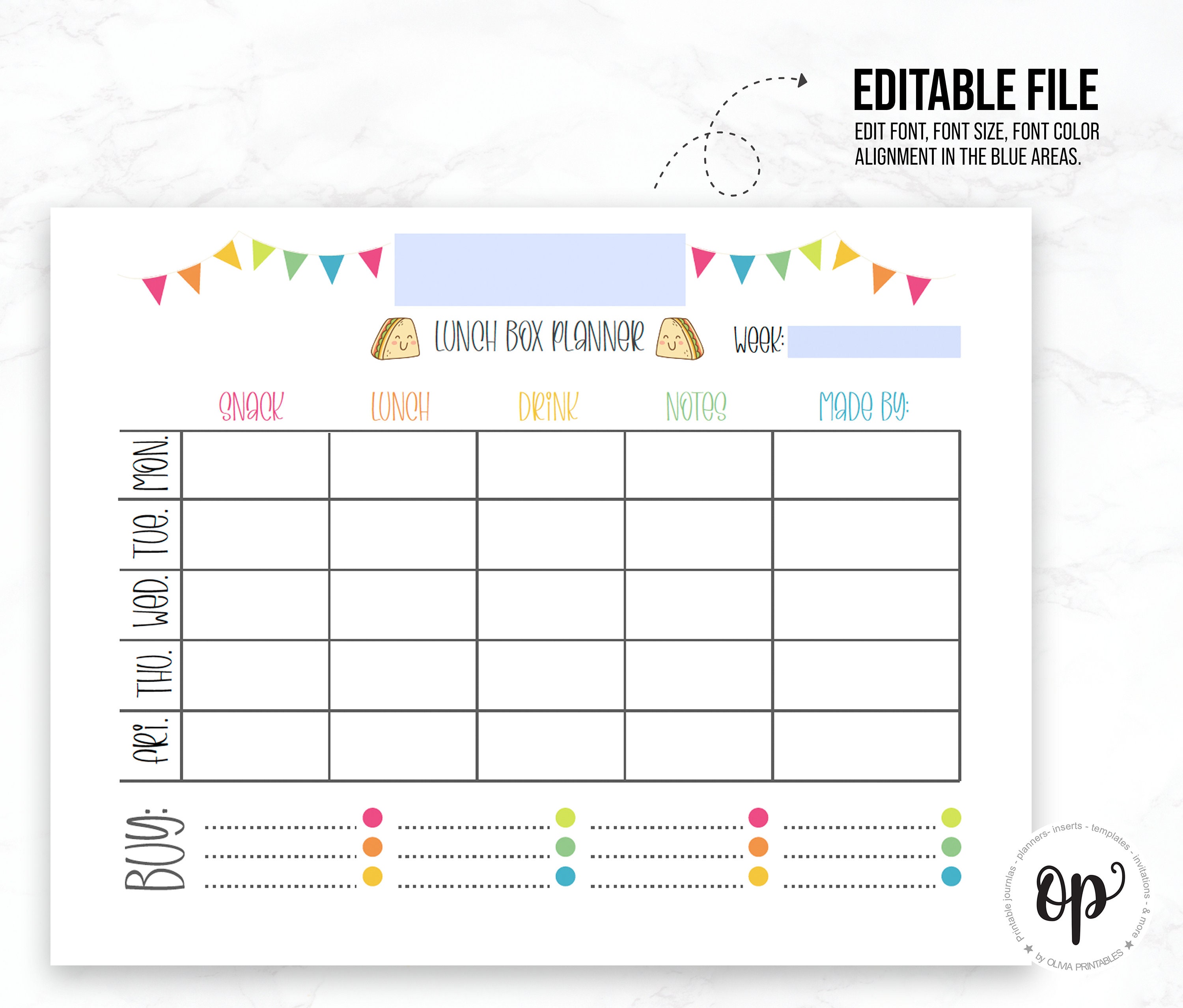 Lunch Box Planner Template, Printable Lunch Box, Meal Planner, Menu ...