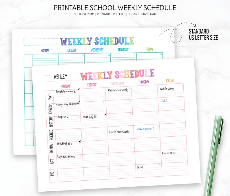 PRINTABLE School Weekly Schedule for Boys and Girls, Weekly Planner ...