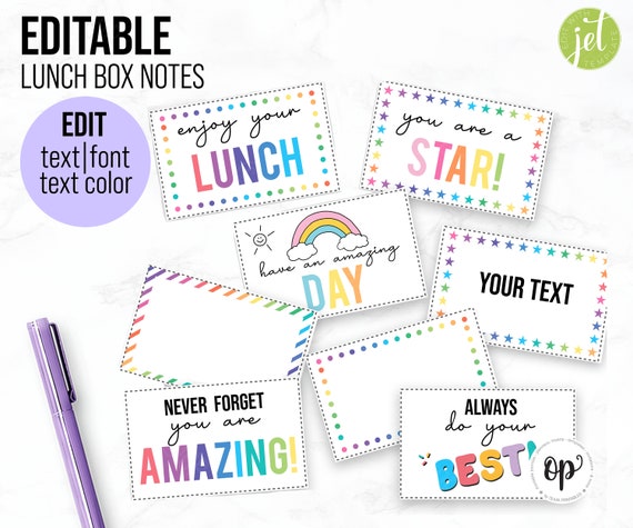 EDITABLE Lunch Box Notes Printable Kid's Lunch Box Cards - Etsy