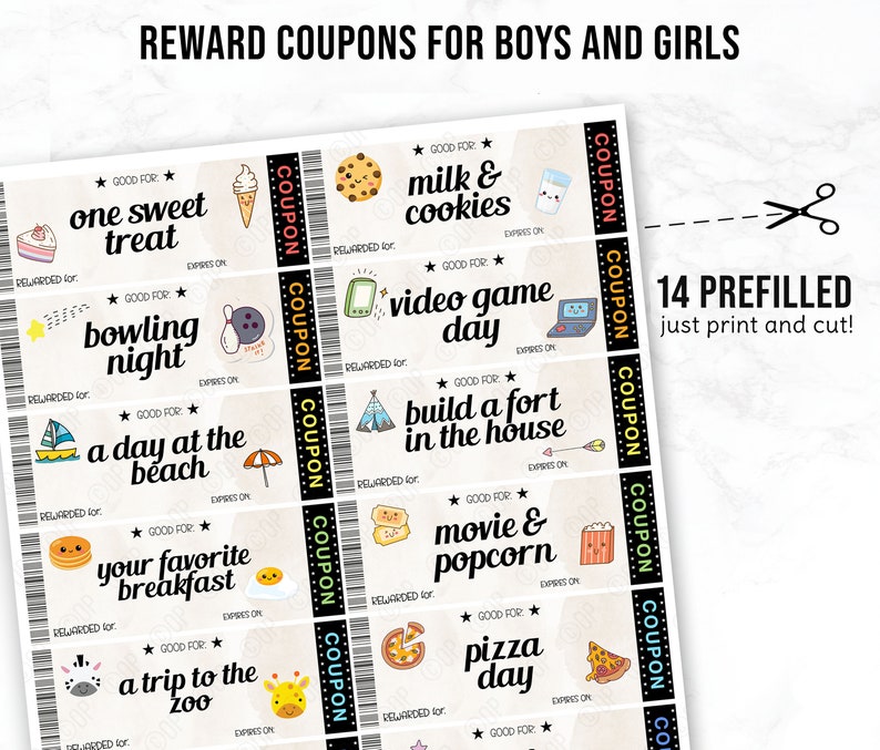 PRINTABLE Reward Coupons for Boys and Girls, Pre-filled Rewards, Blank ...