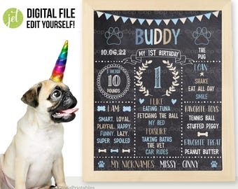 EDITABLE Pet Birthday Chalkboard, Dog Birthday Sign, Birthday Stats for ...
