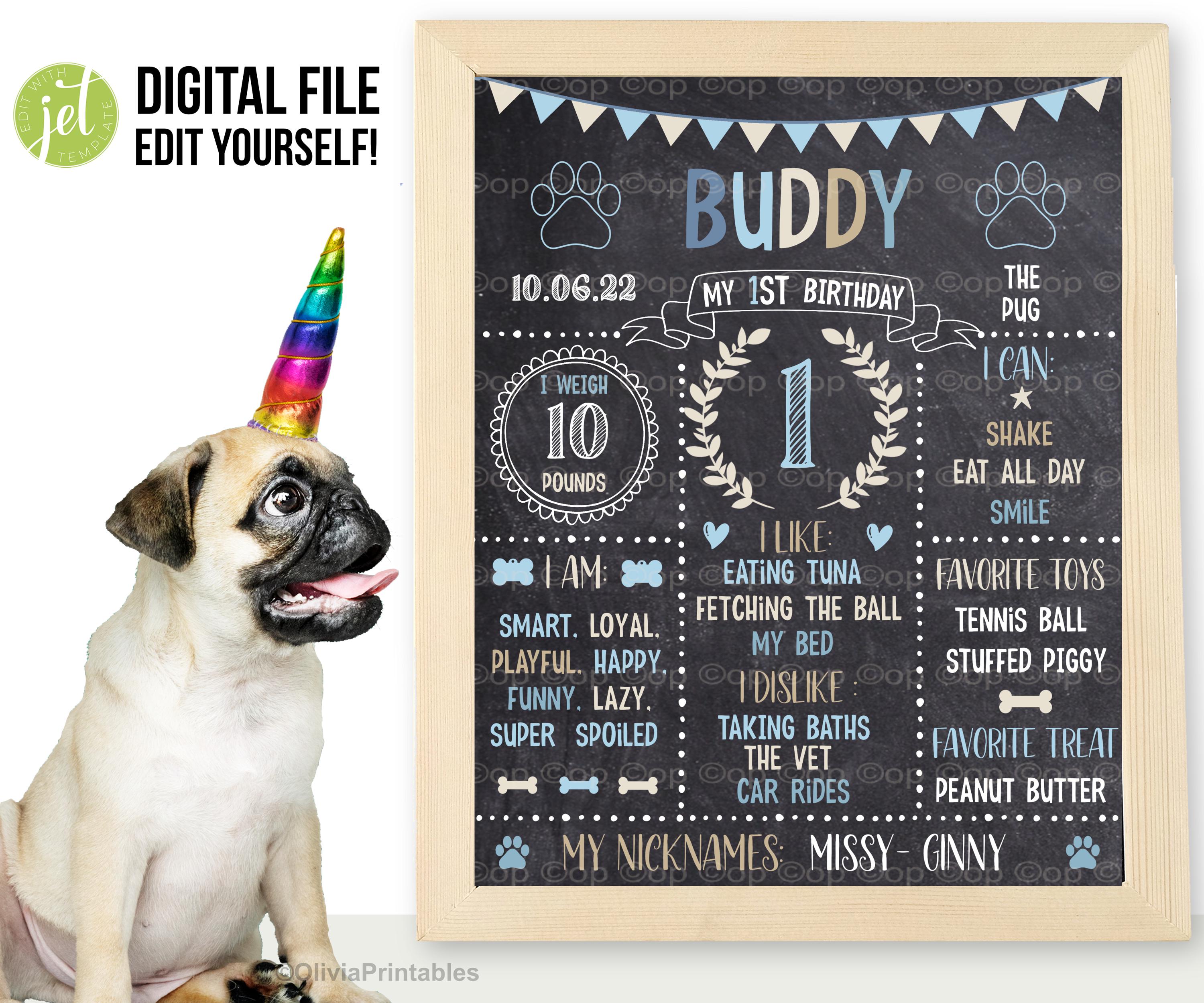 EDITABLE Pet Birthday Chalkboard, Blue Dog Birthday Sign, Dog Printable ...