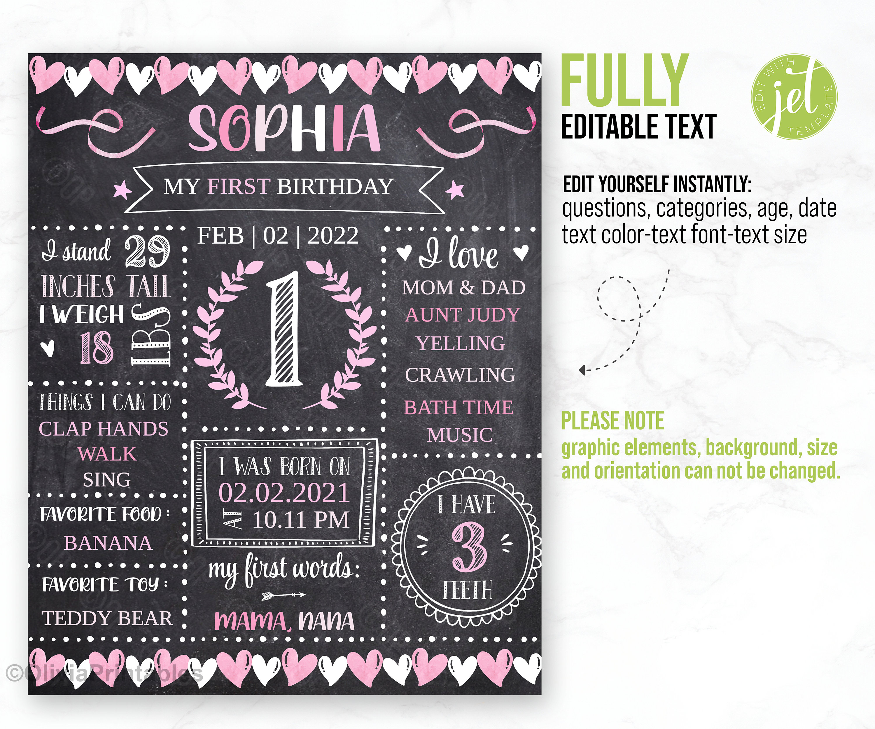 EDITABLE Birthday Sign, Baby Girl Birthday Decoration, First Birthday ...