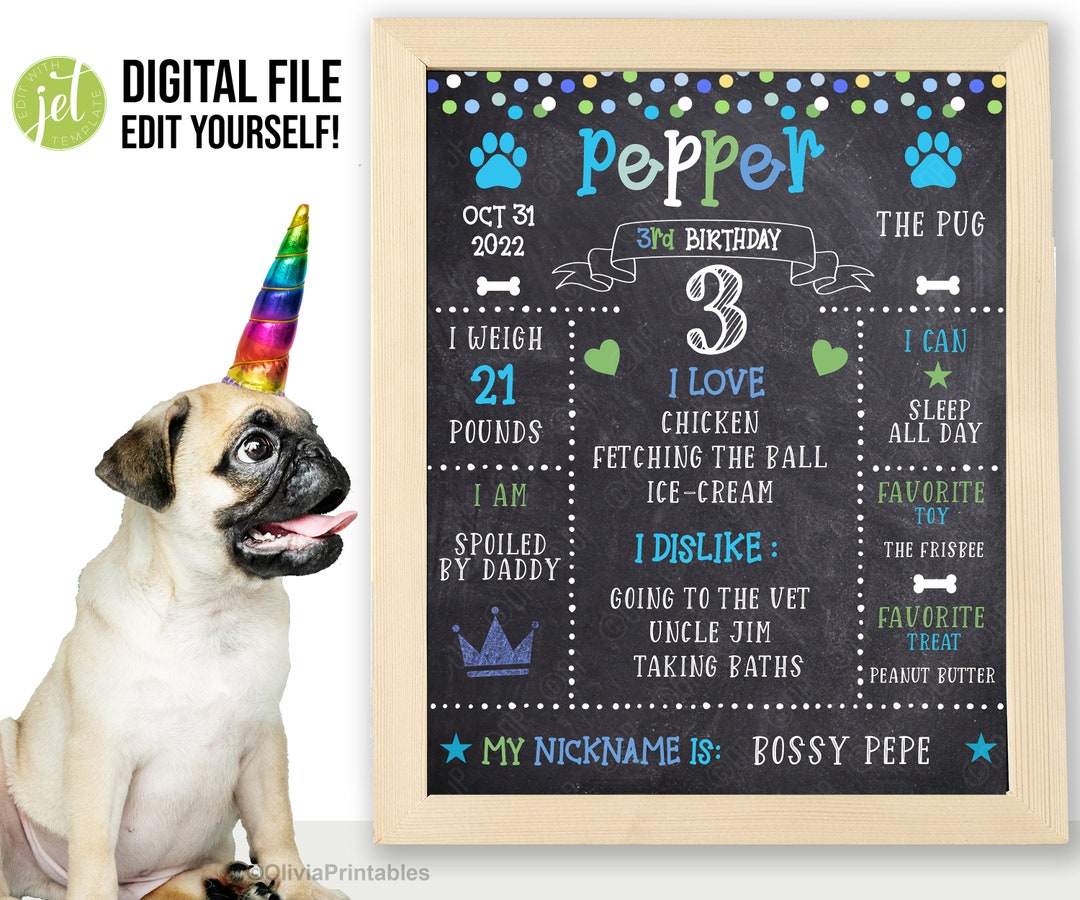 EDITABLE Pet Birthday Sign, Dog Birthday Chalkboard, Birthday Stats for ...