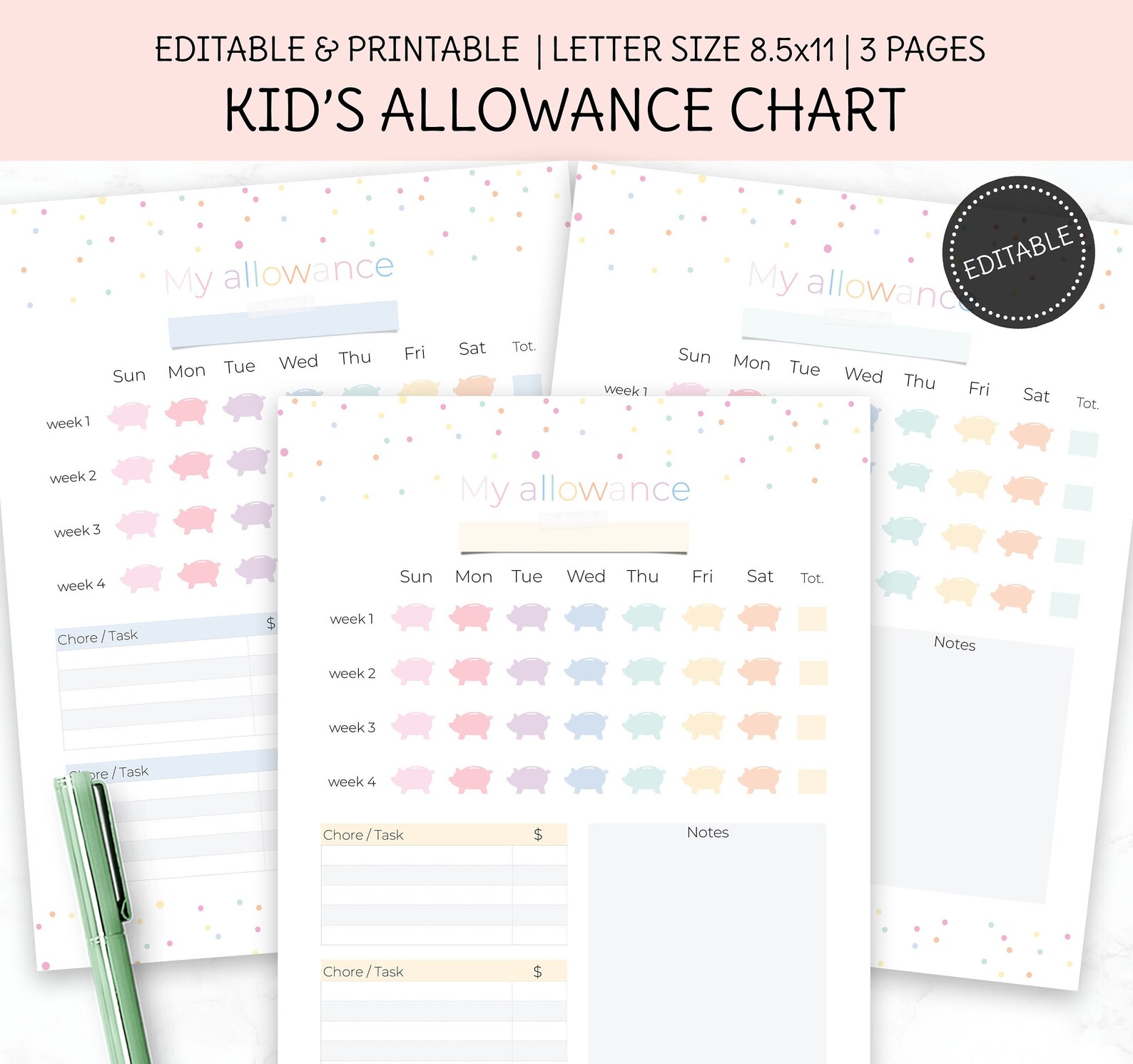 Kids Allowance Chart, Printable Template, Editable Allowance Tracker ...