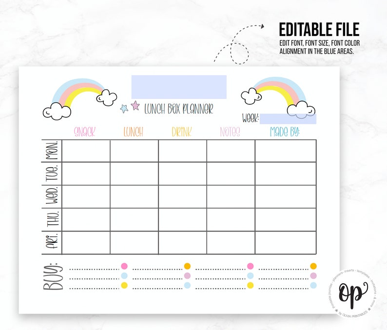 Printable Lunch Box Template, Meal Planner, Menu Planning, Lunch Box ...