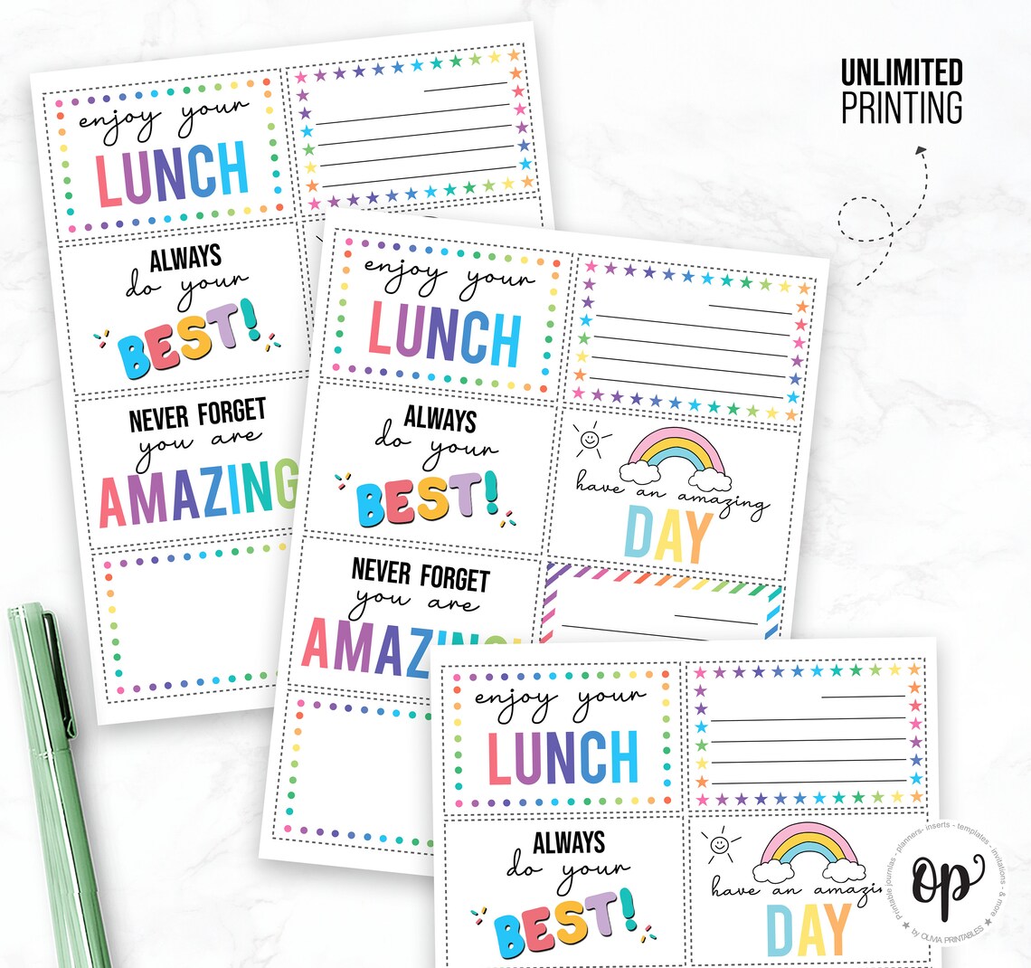 Printable Lunch Box Notes, Kid's Lunch Box Cards , Back to School ...