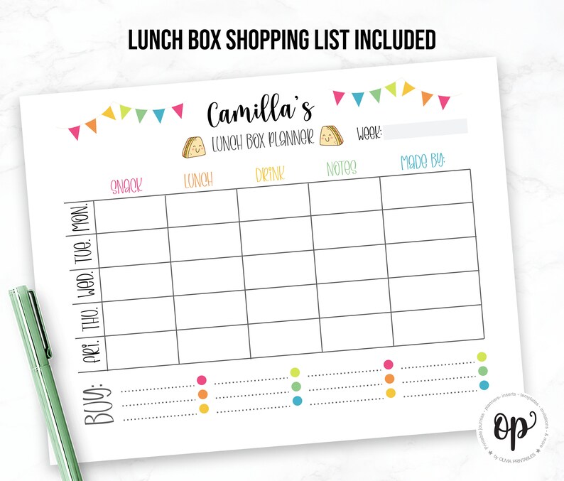 Lunch Box Planner Template, Printable Lunch Box, Meal Planner, Menu ...