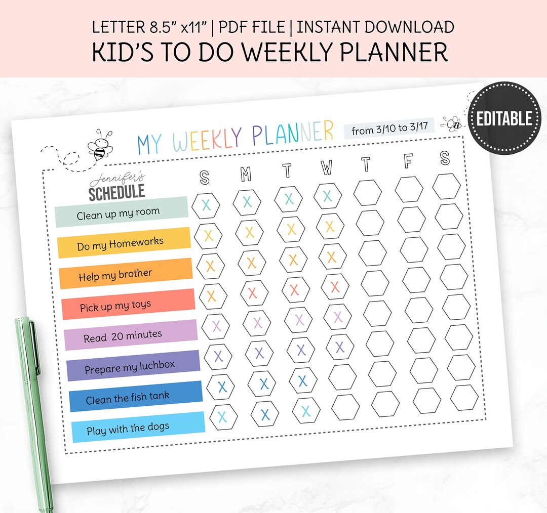 KID'S Chore Chart, Printable to Do List, Editable Template, Weekly ...